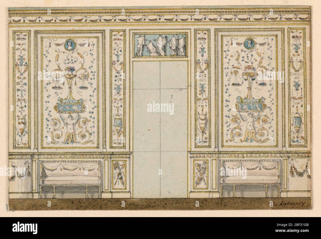 Design for a Salon. A long side wall with a door frame between two wall ...