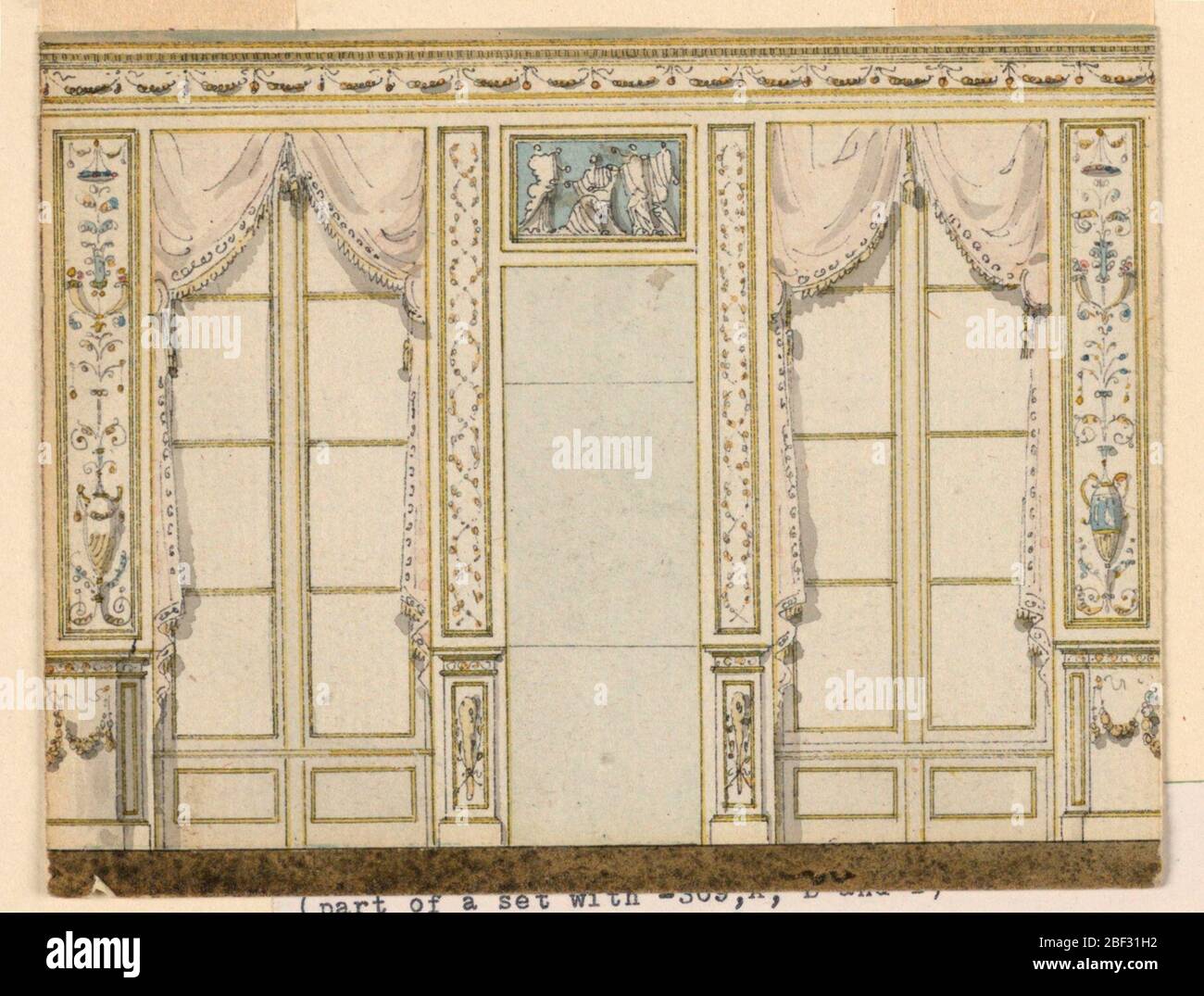 Design for a Salon. A short side wall showing a door flanked by high ...