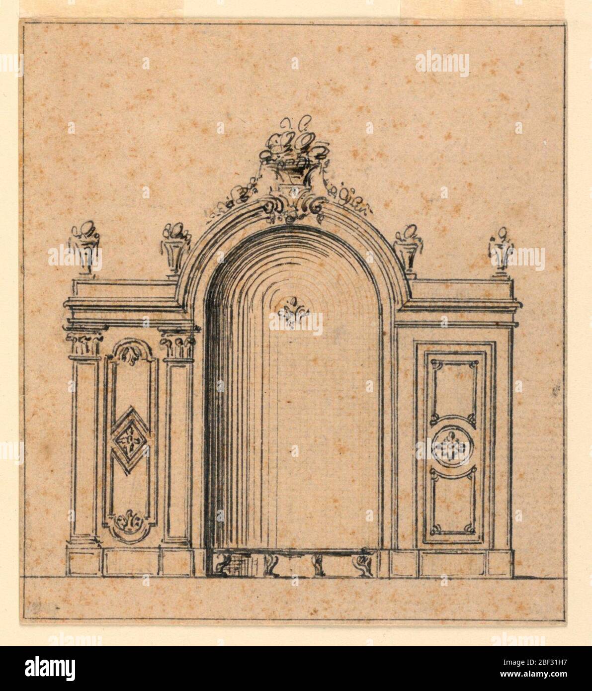 Design for a Garden Niche. A semicircular arched niche, flanked by ...