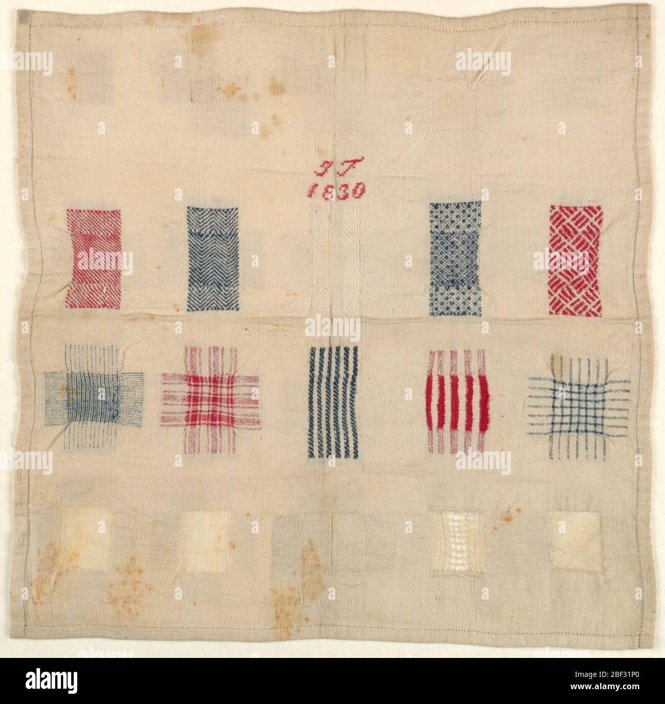 Darning Sampler. Twenty squares of darning in red, blue, and white ...