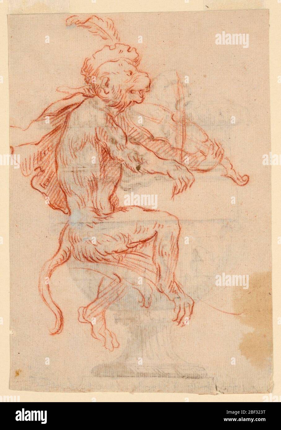 Monkey Playing a Violin. Monkey wearing a feathered cap stands on one ...