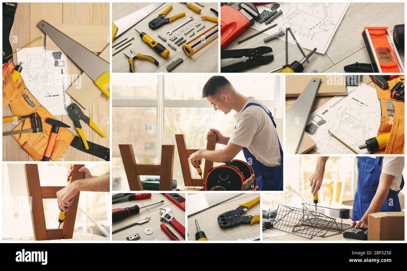 Carpentry construction tools collage background hi-res stock ...