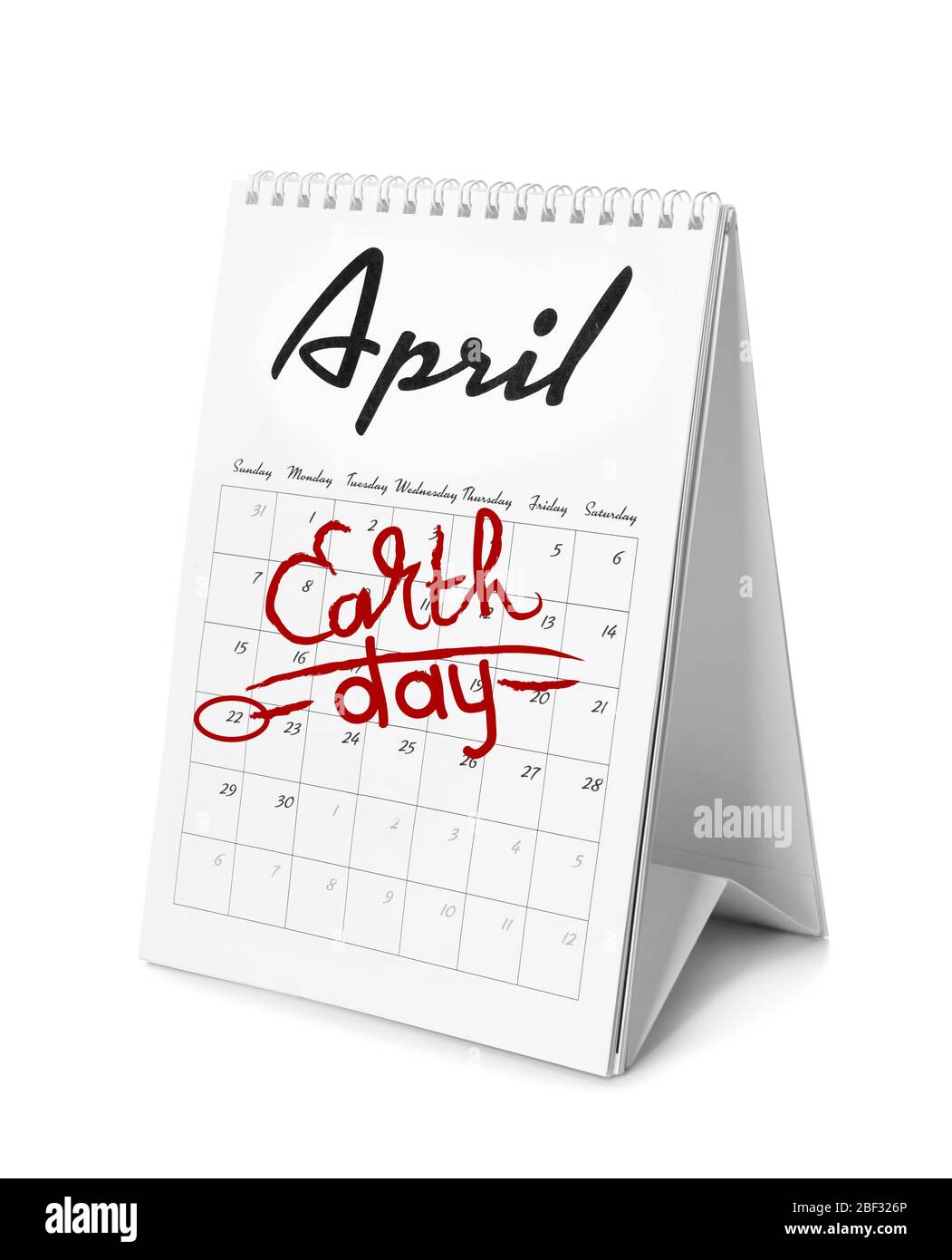 Calendar with marked date of Earth Day on white background Stock Photo ...