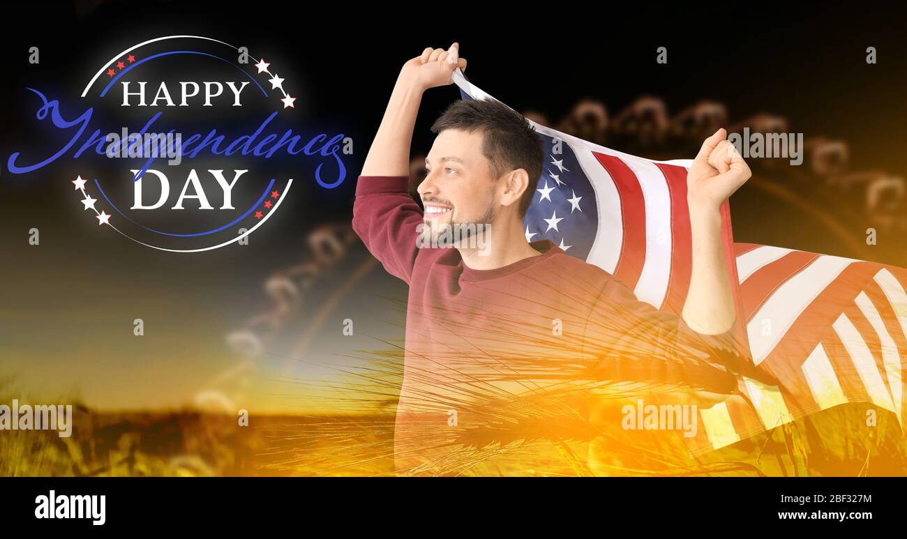 Double exposure of man with USA flag and wheat field. Independence Day ...