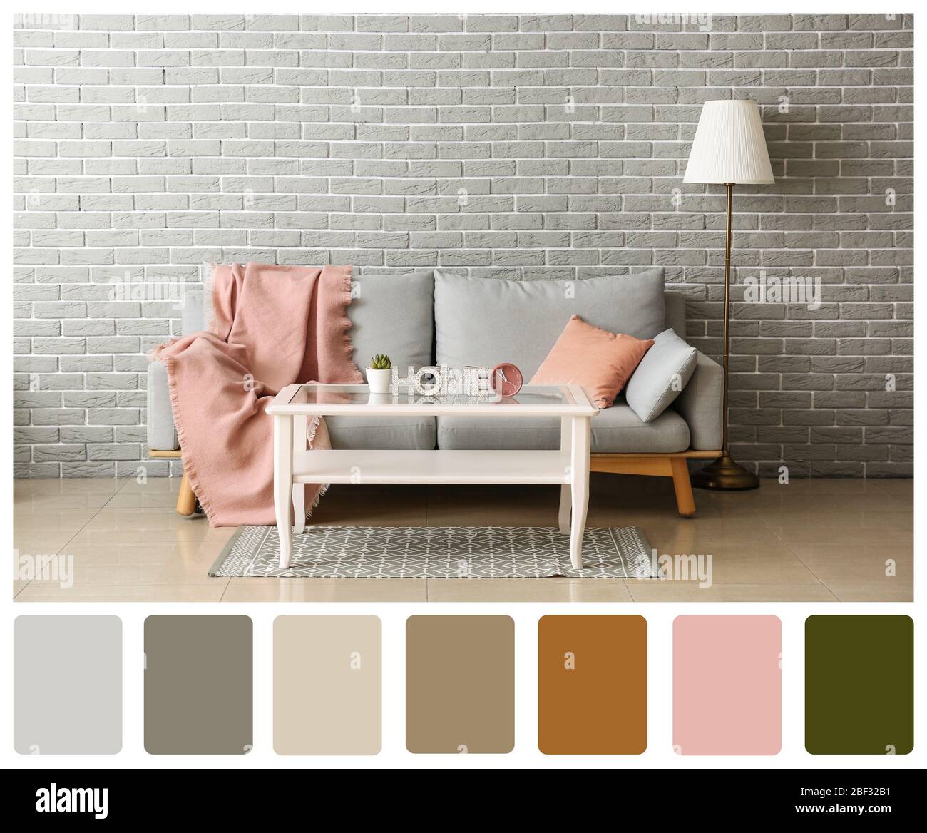 Interior of modern room with comfortable sofa and table. Different ...