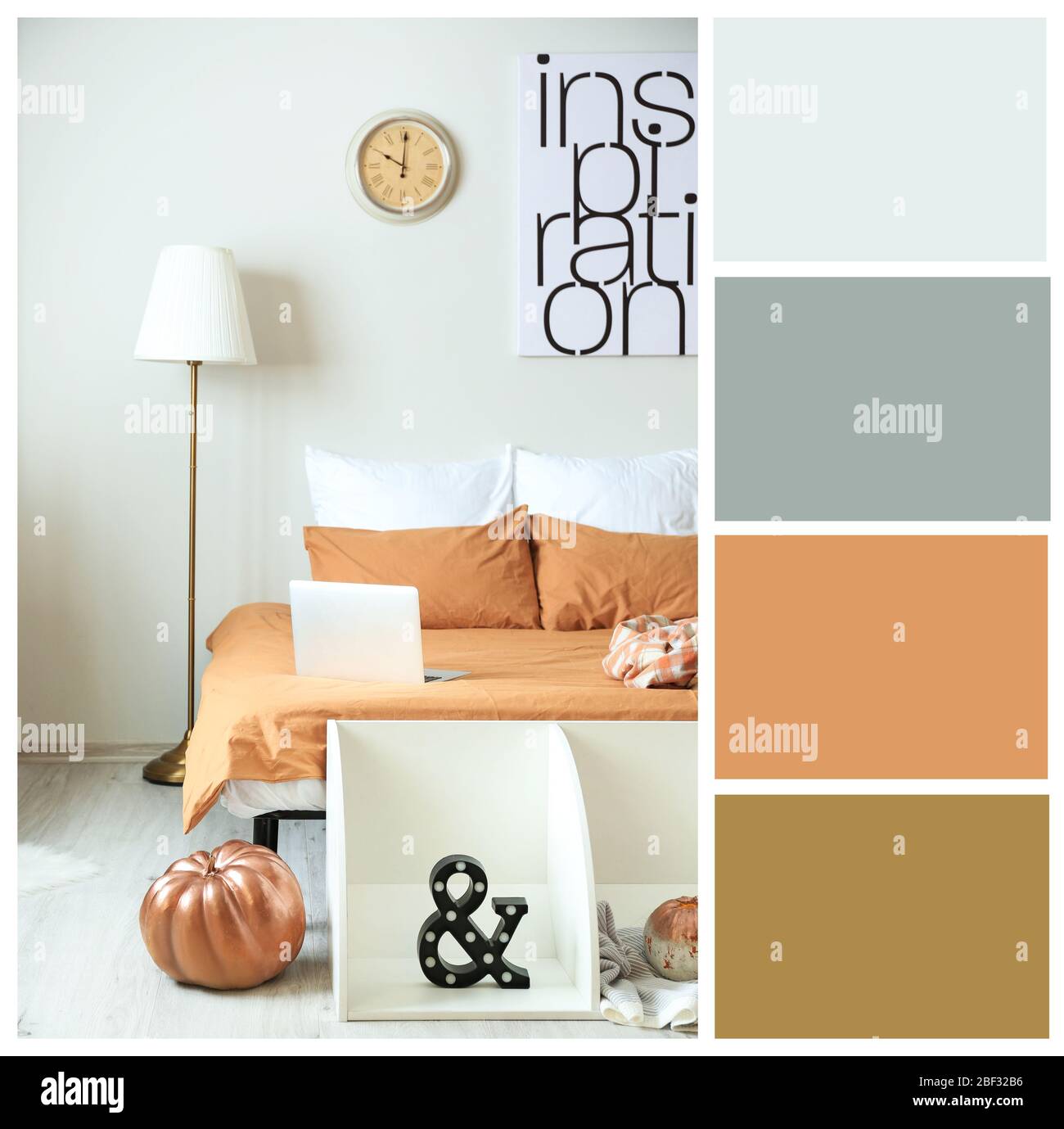 Stylish interior of room with big comfortable bed. Different color ...