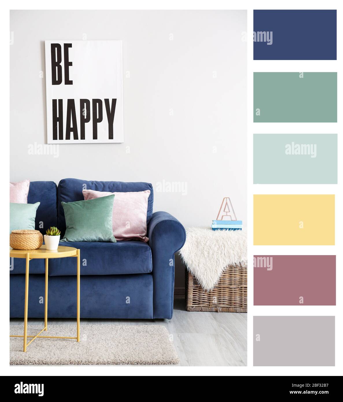 Interior of modern room with comfortable sofa. Different color patterns ...