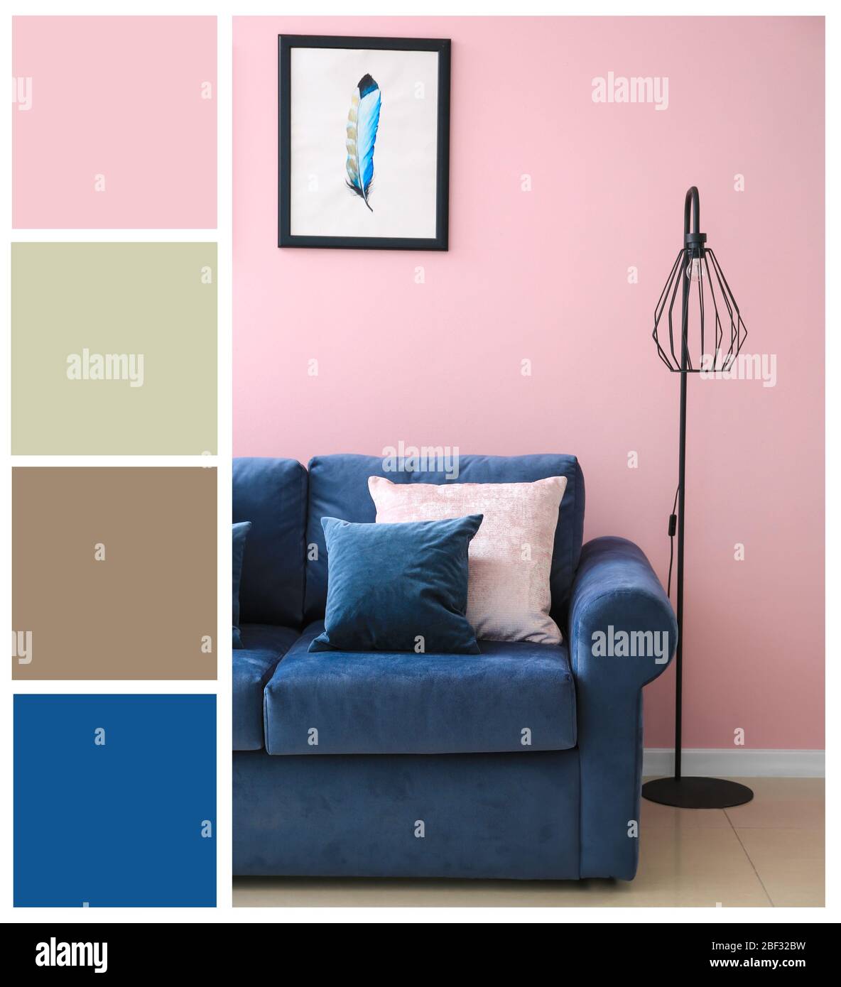 Interior of room with comfortable sofa. Different color patterns Stock ...