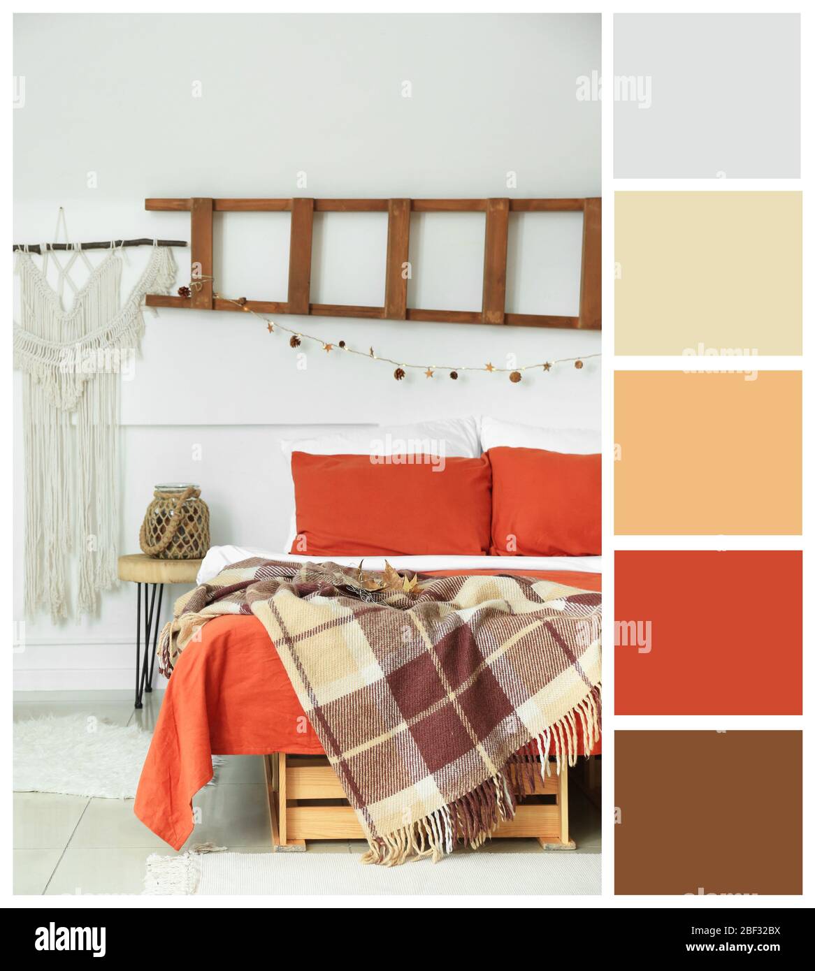 Stylish interior of room with big comfortable bed. Different color ...