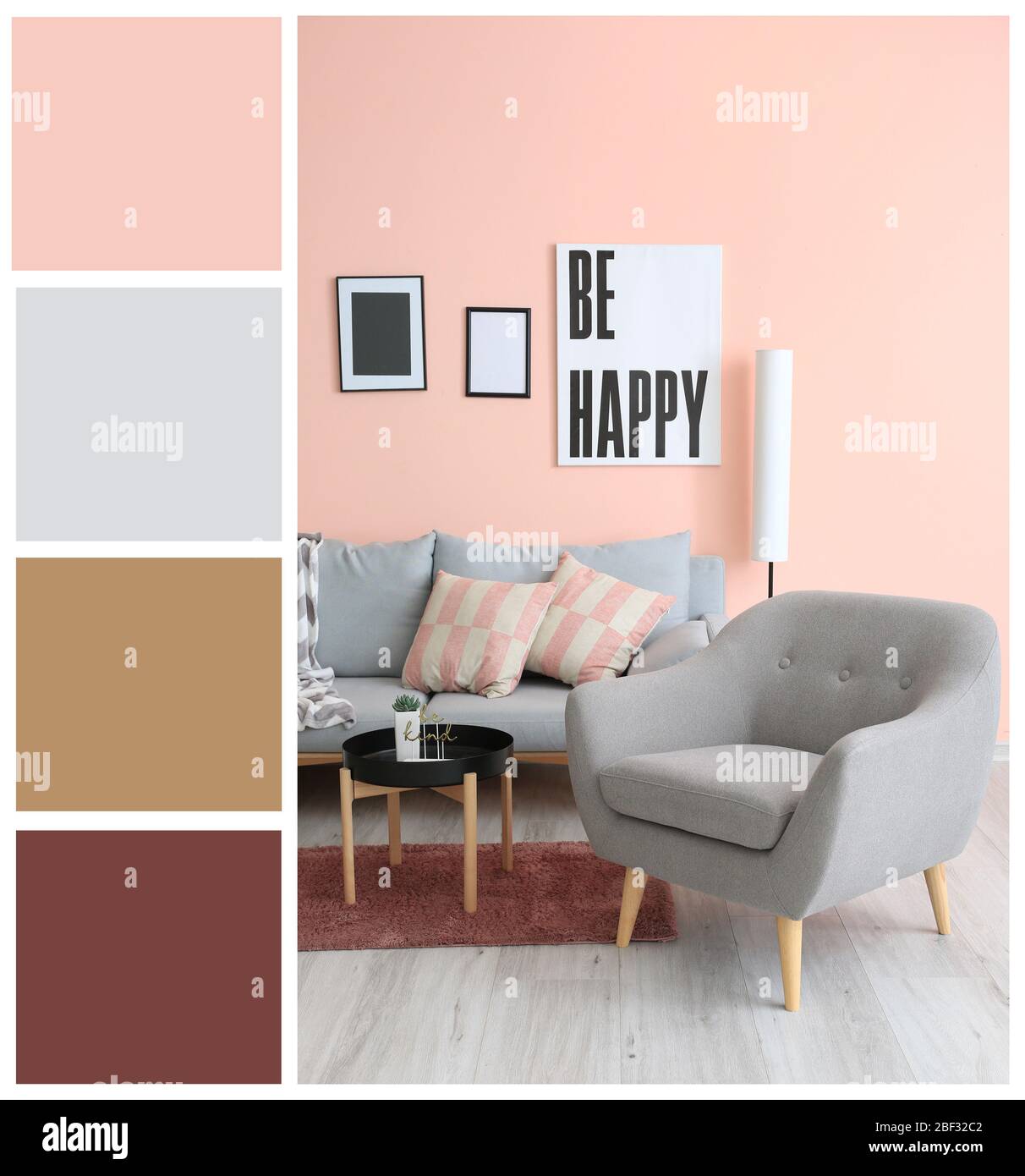 Interior of room with comfortable furniture. Different color patterns ...