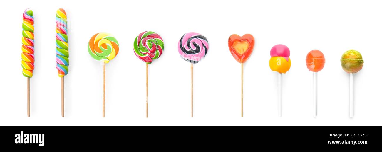 Different sweet lollipops on white background Stock Photo - Alamy