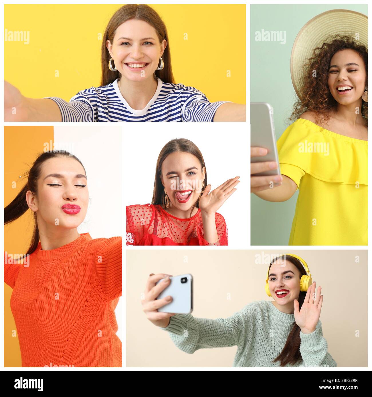 Collage of photos with beautiful young women taking selfie Stock Photo ...