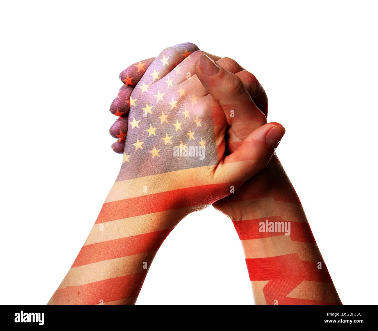 Double exposure of hands and USA flag on white background. Independence ...