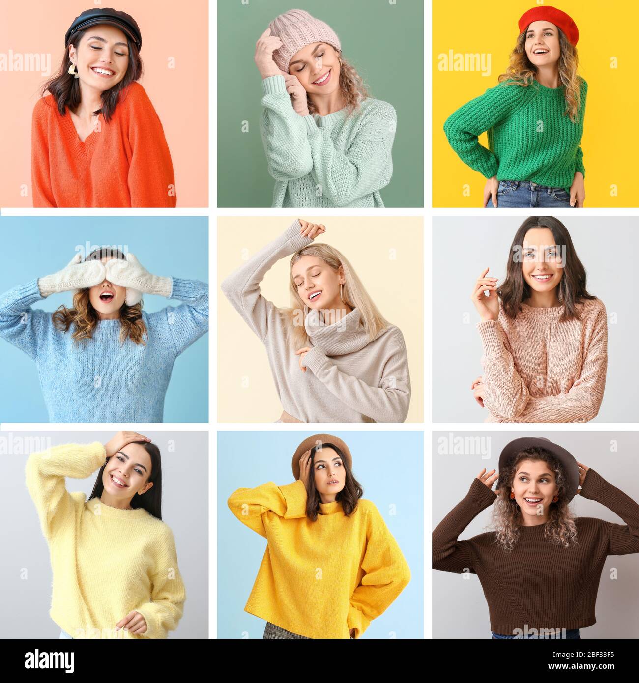 Collage of photos with beautiful young women in different warm sweaters ...