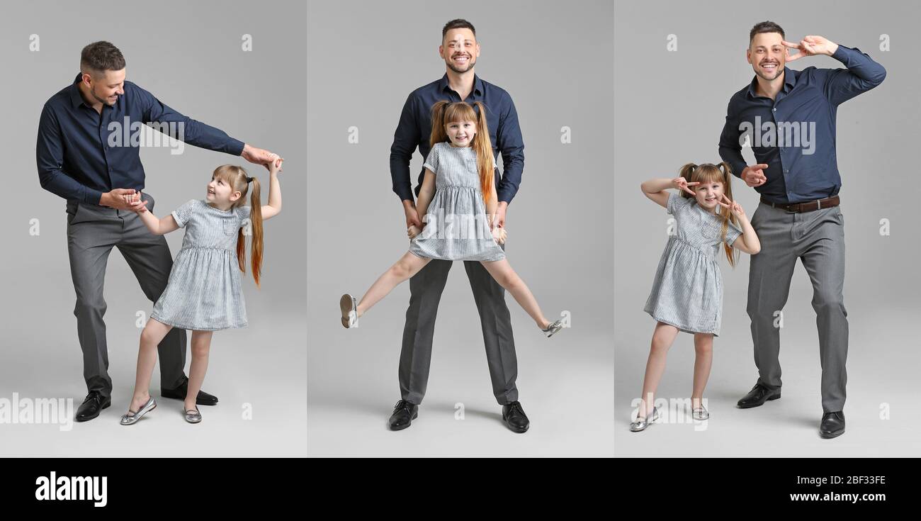 Set of dancing father and his little daughter on grey background Stock ...