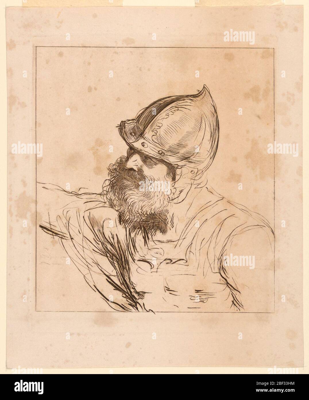 Head of a Soldier. The soldier in a pointed and visored helmet faces ...
