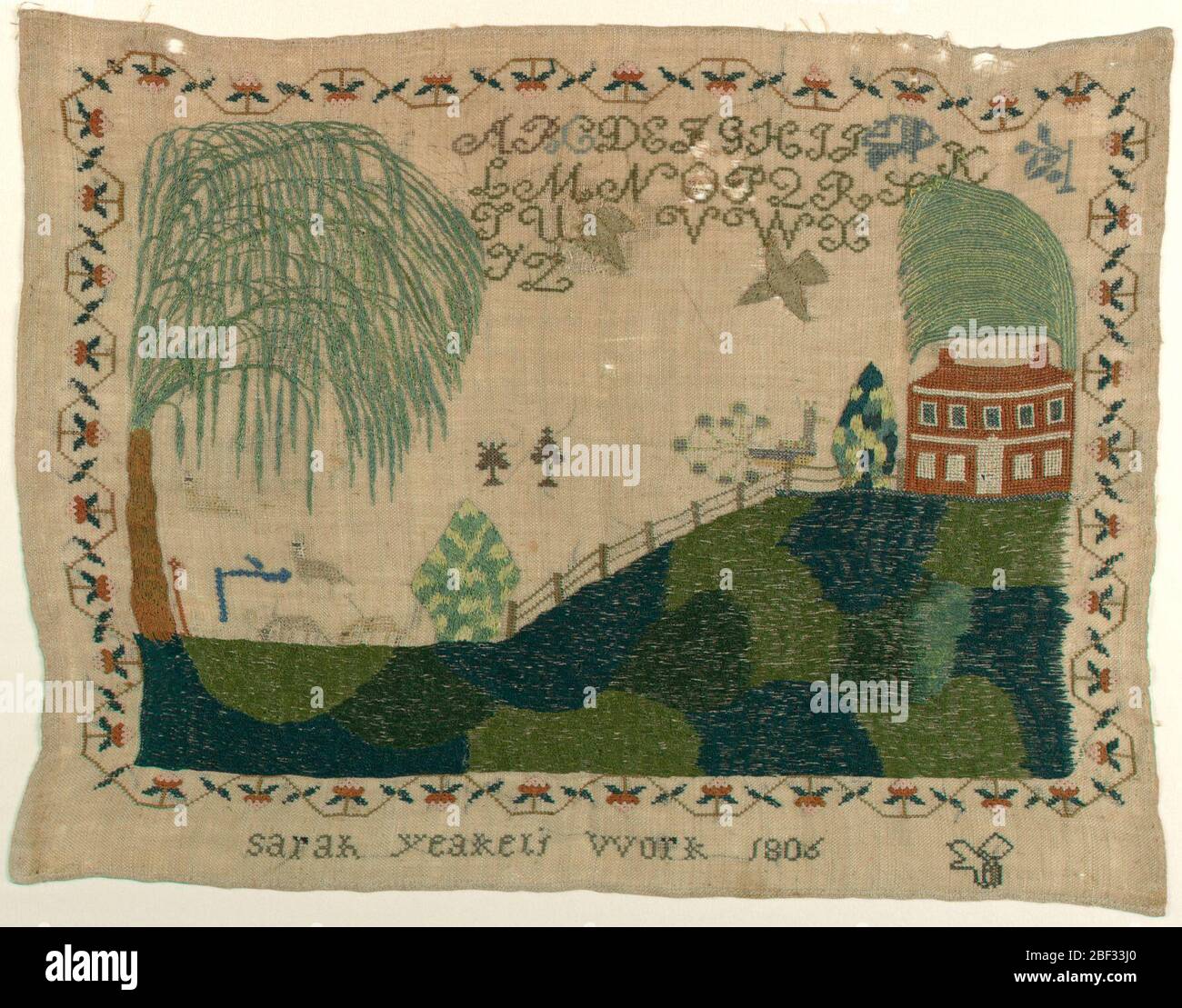 Sampler. A house on top of a hill which rises to the right, with ...