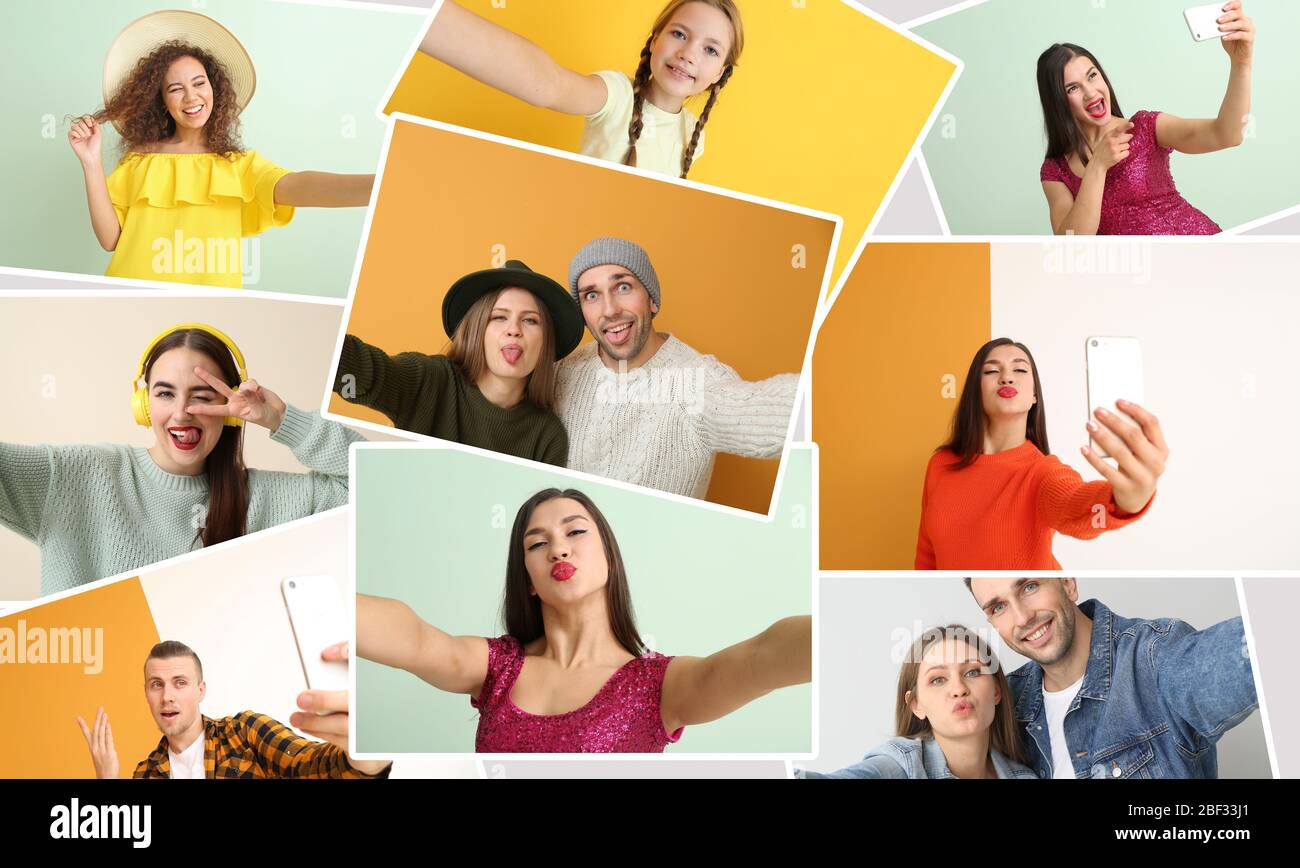 Collage of photos with different people taking selfie Stock Photo - Alamy
