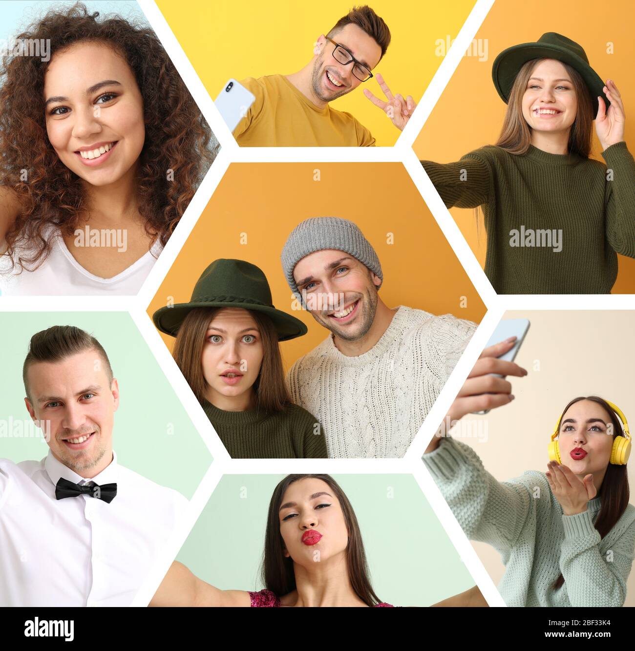 Collage of photos with young people taking selfie Stock Photo - Alamy