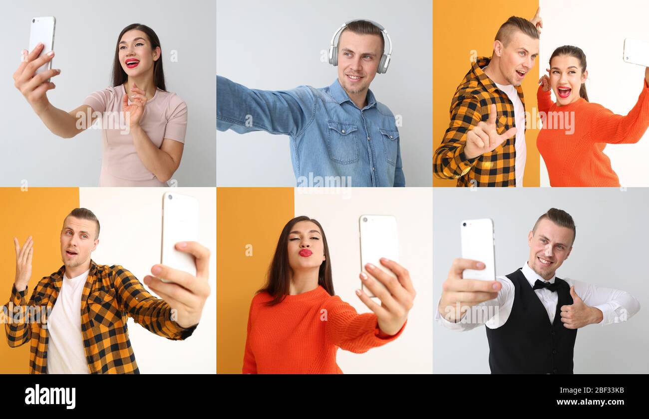 Collage of photos with young people taking selfie Stock Photo - Alamy