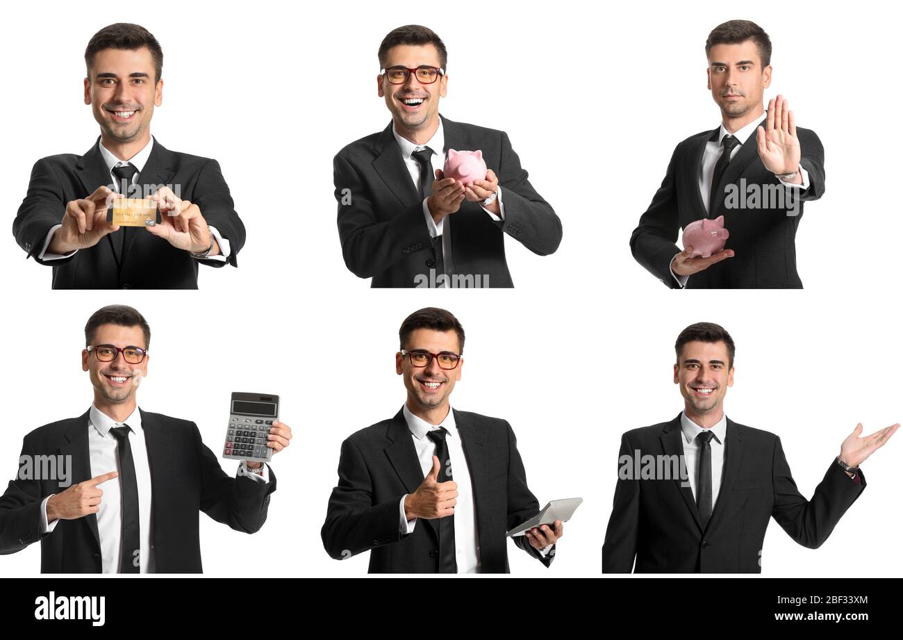 Collage with male bank manager on white background Stock Photo - Alamy