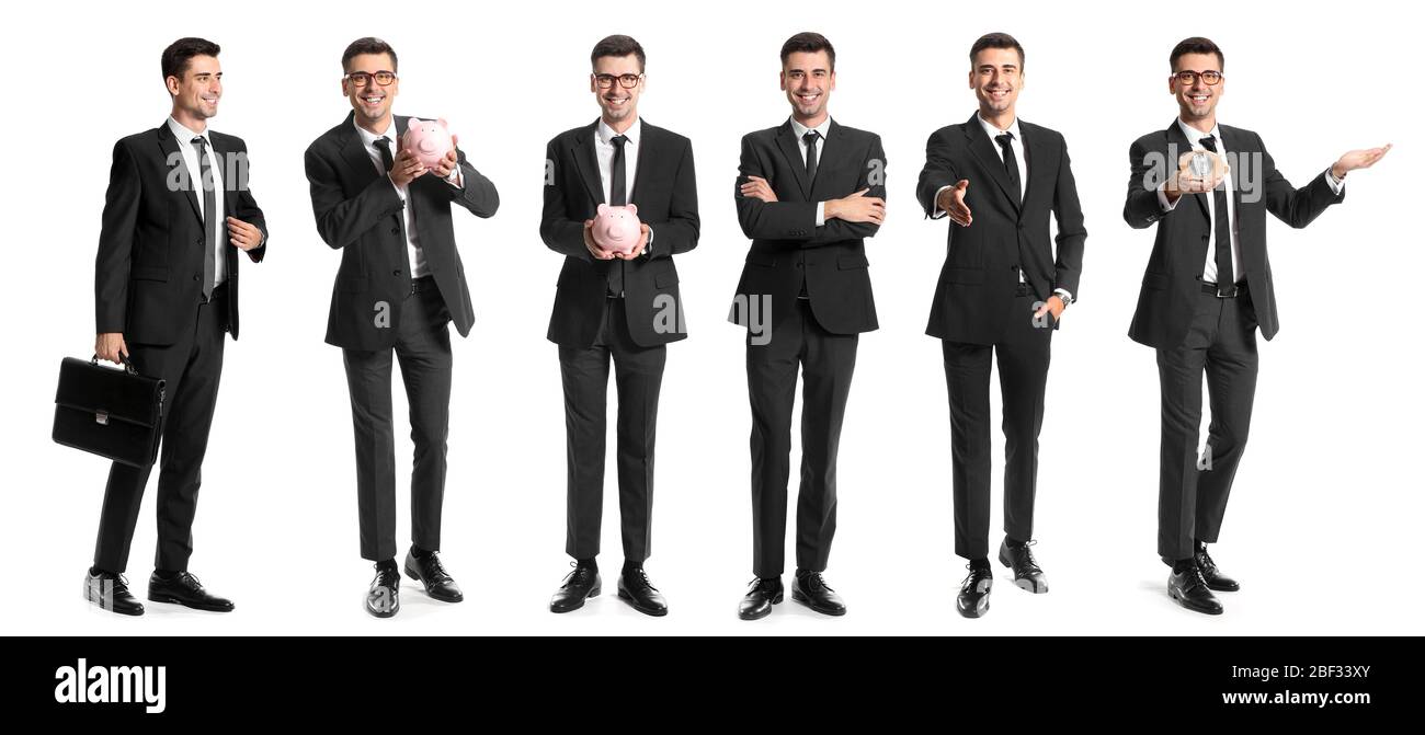 Collage with male bank manager on white background Stock Photo - Alamy