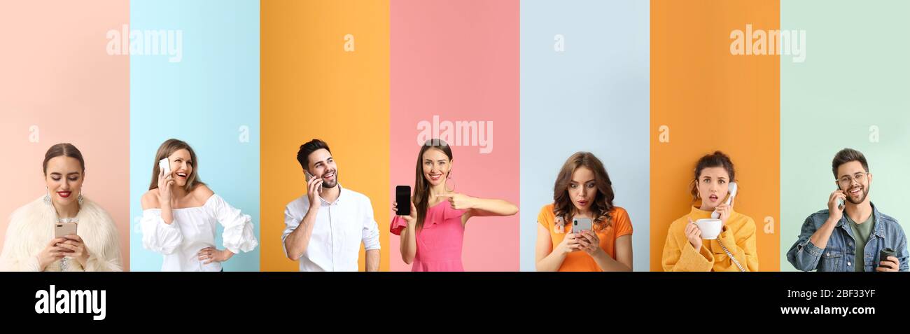Collage of photos with different emotional people using phones Stock ...