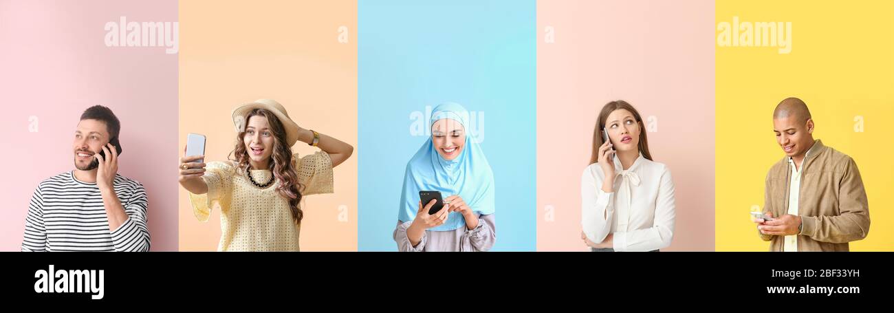 Collage of photos with different people using mobile phones Stock Photo ...