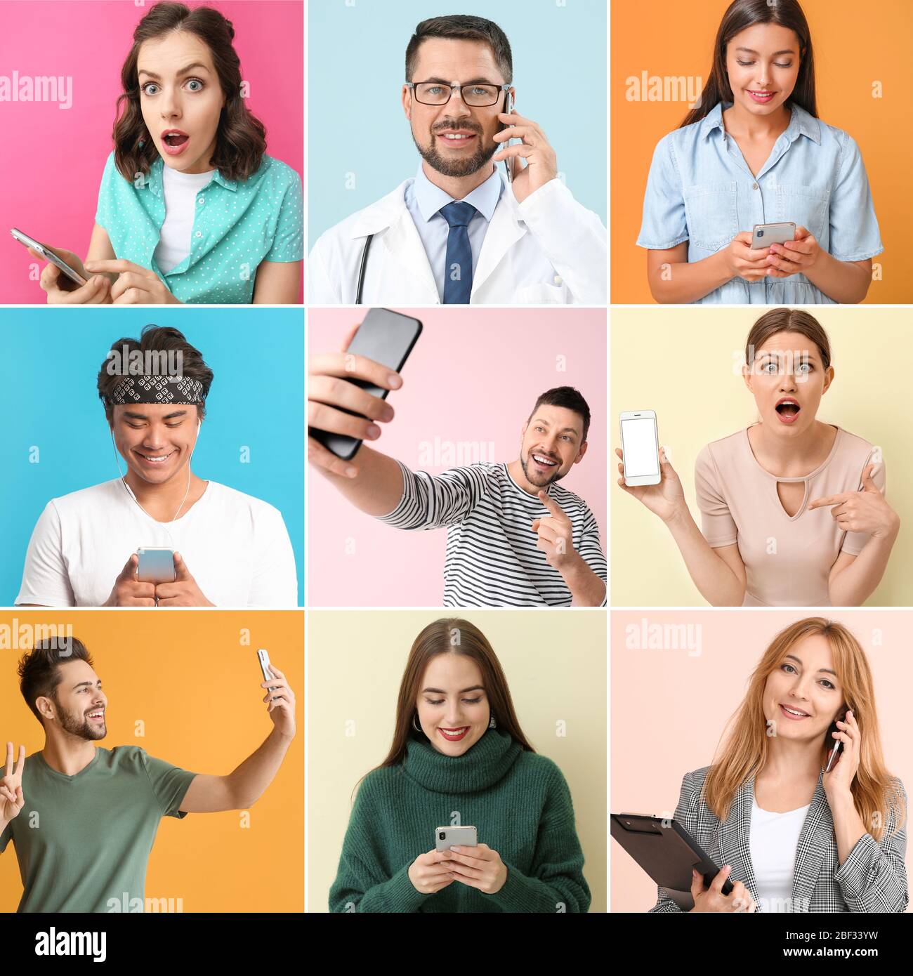 Collage of photos with different emotional people using mobile phones ...