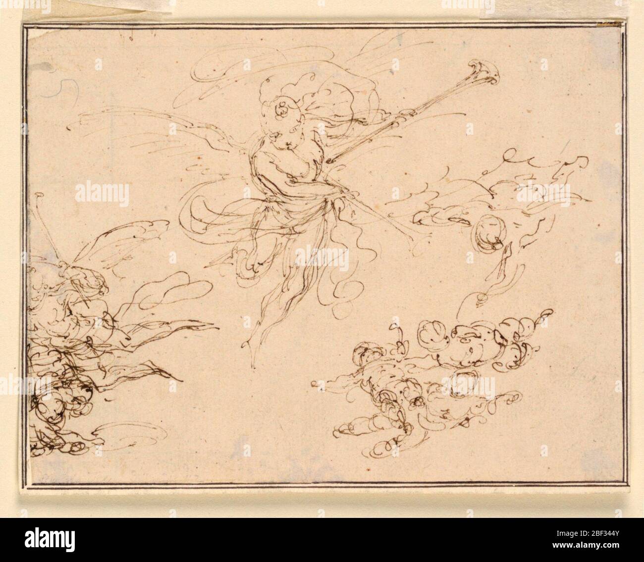 Project for a Ceiling. A winged genii with two trumpets. Beside him is ...