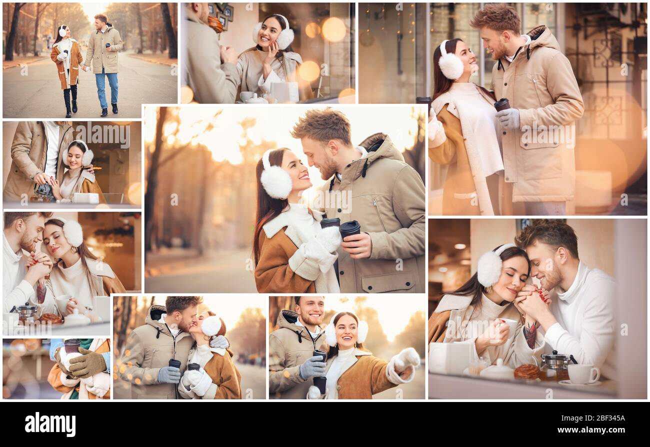 Collage of photos with happy young couple on winter day Stock Photo - Alamy