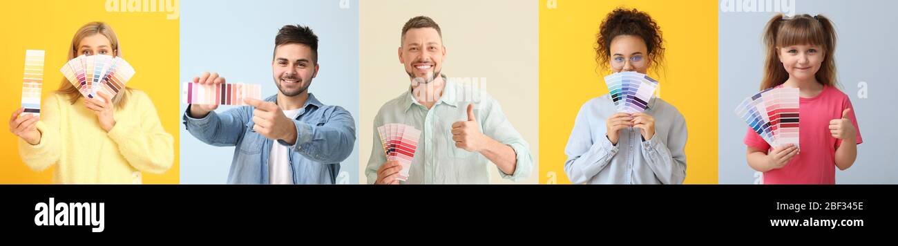 Collage of photos with different people holding color palettes Stock ...