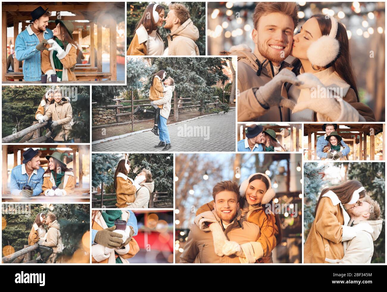 Collage of photos with happy young couple outdoors on winter day Stock ...