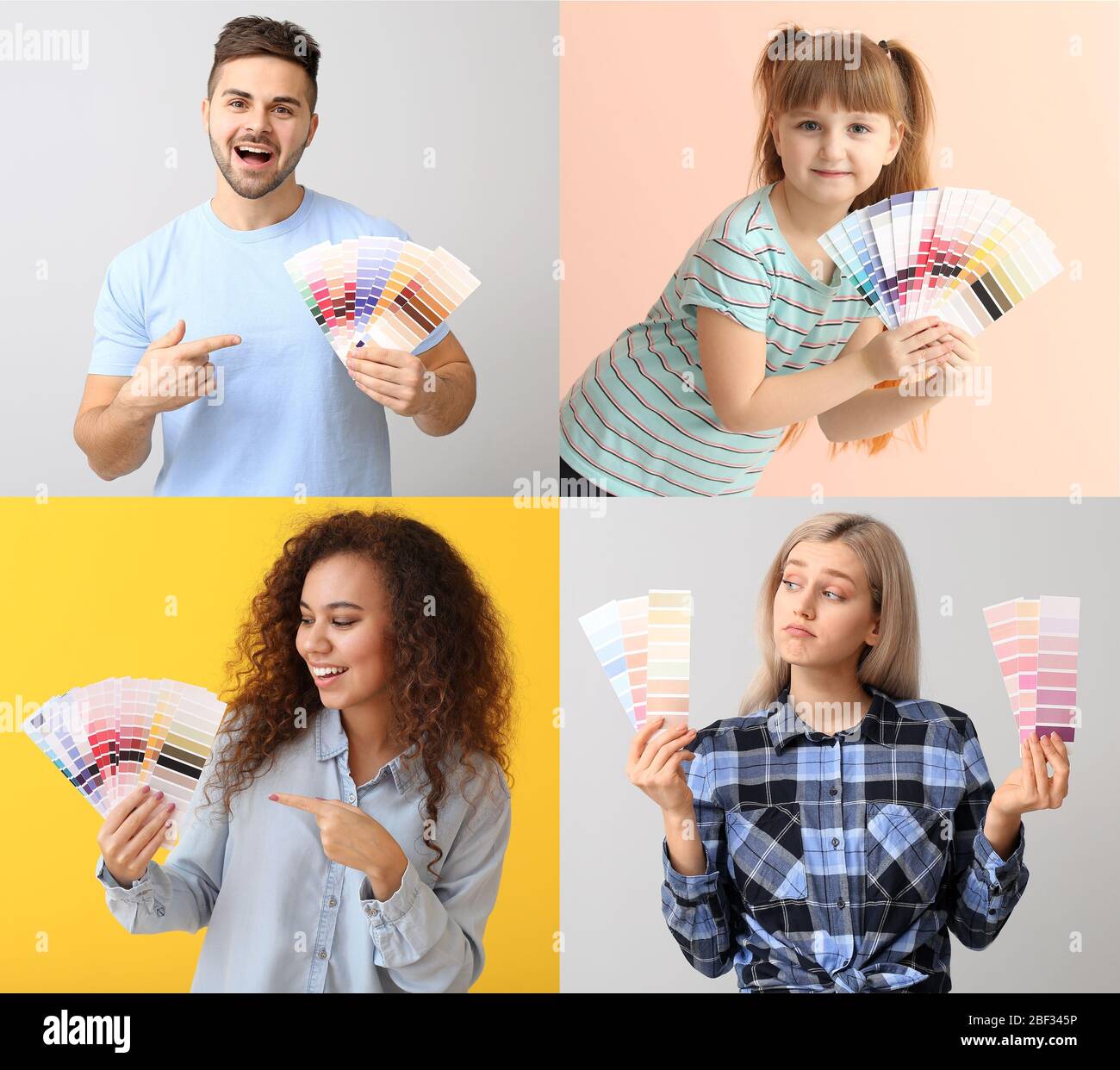 Collage of photos with different people holding color palettes Stock ...