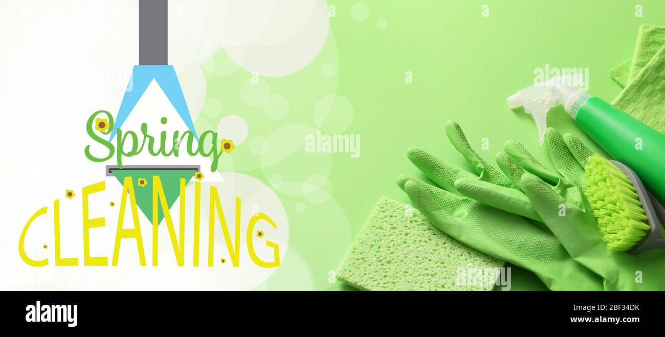 Set of supplies on color background. Spring cleaning Stock Photo - Alamy