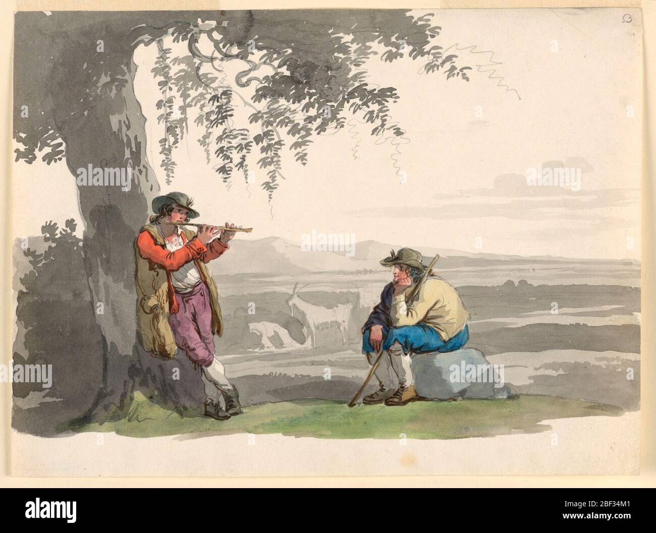 Two Shepherds in the Campagna. A shepherd leaning against a tree plays ...
