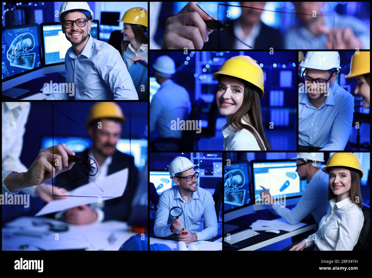 Collage of photos with engineers working in office at night Stock Photo ...