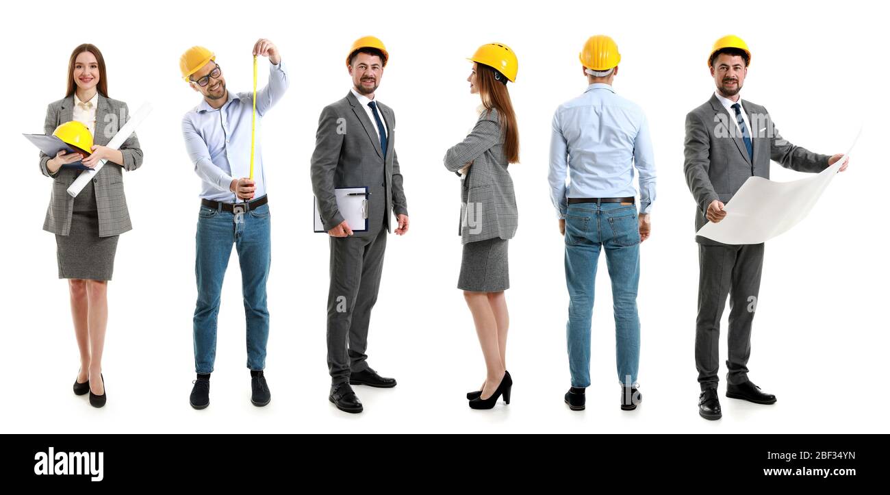 Different engineers on white background Stock Photo - Alamy