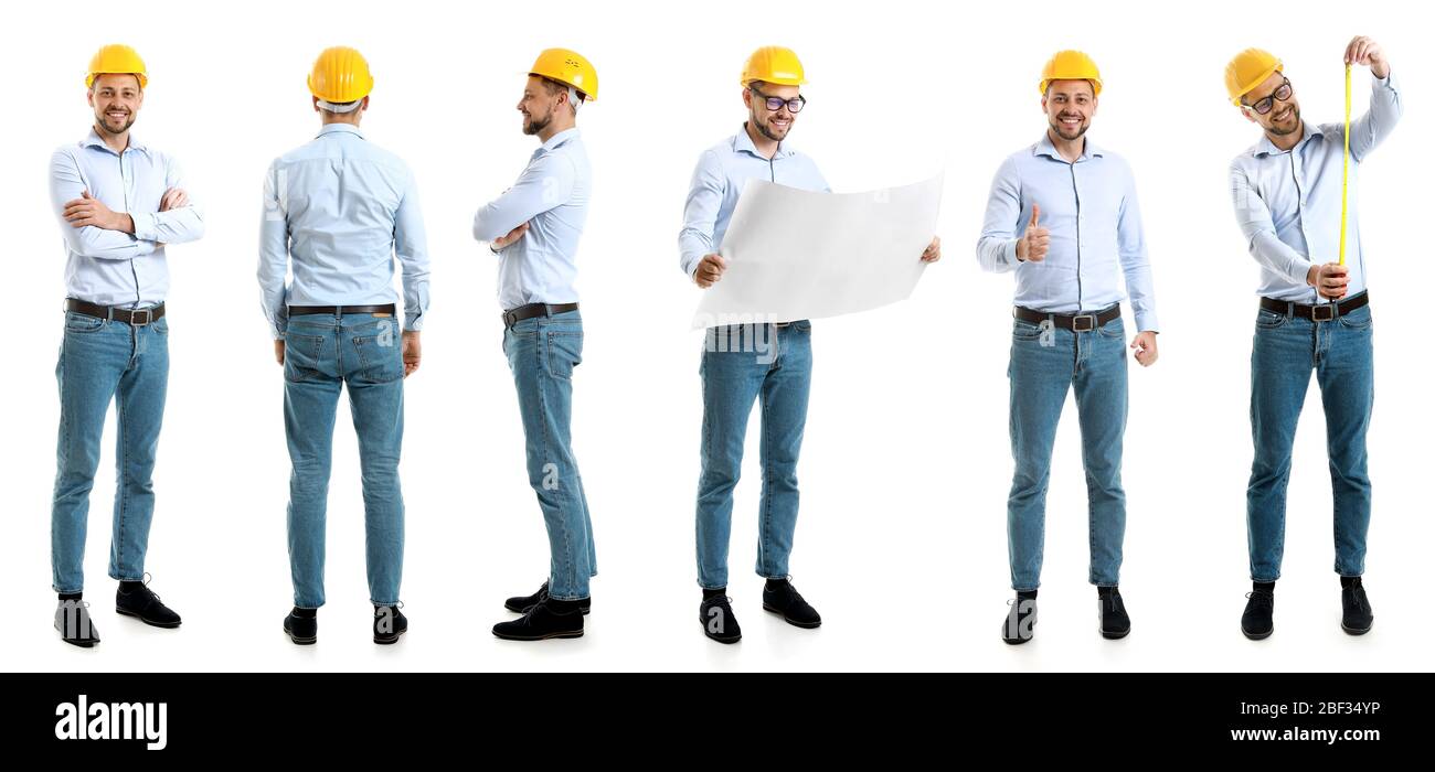 Collage with male engineer on white background Stock Photo - Alamy
