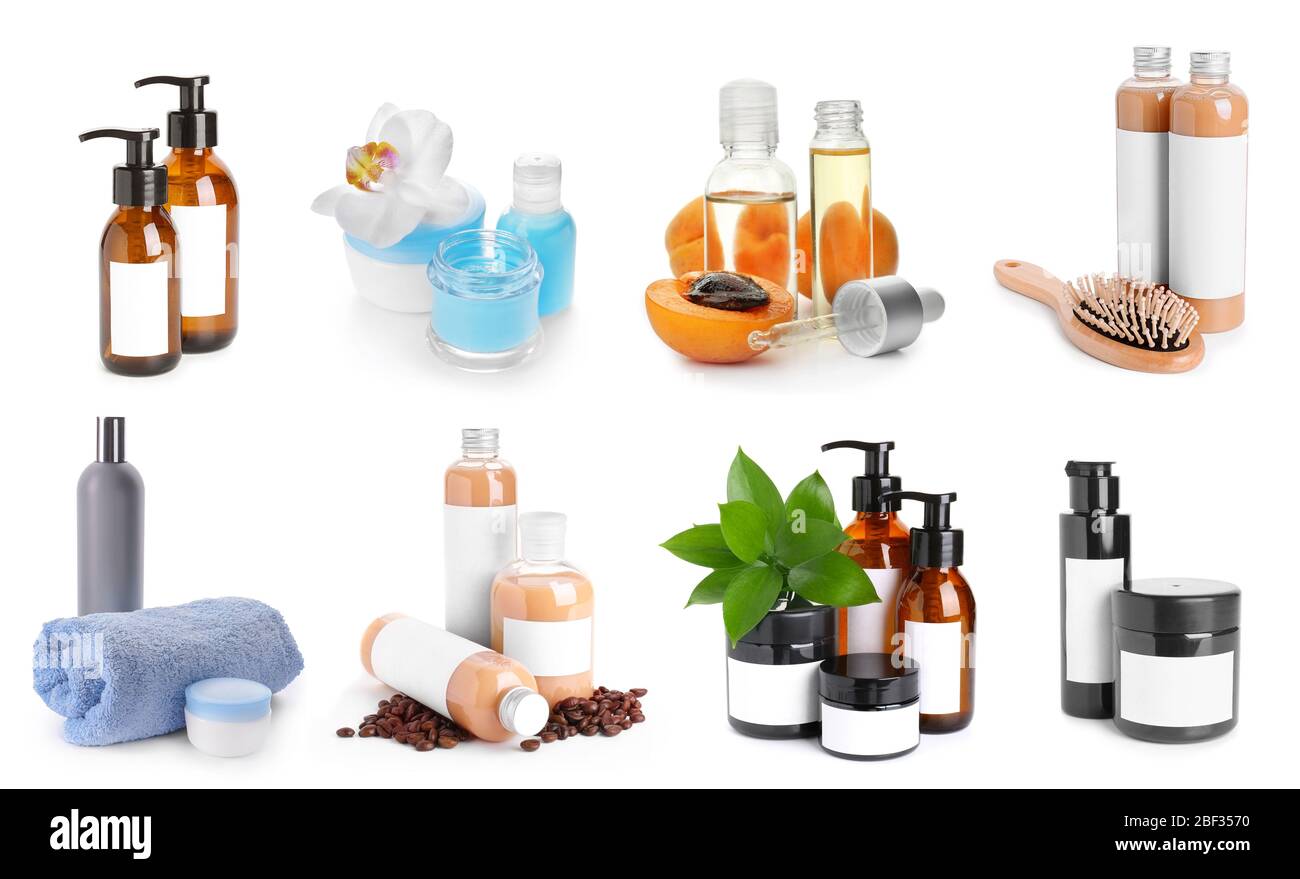 Set of different cosmetic products on white background Stock Photo - Alamy