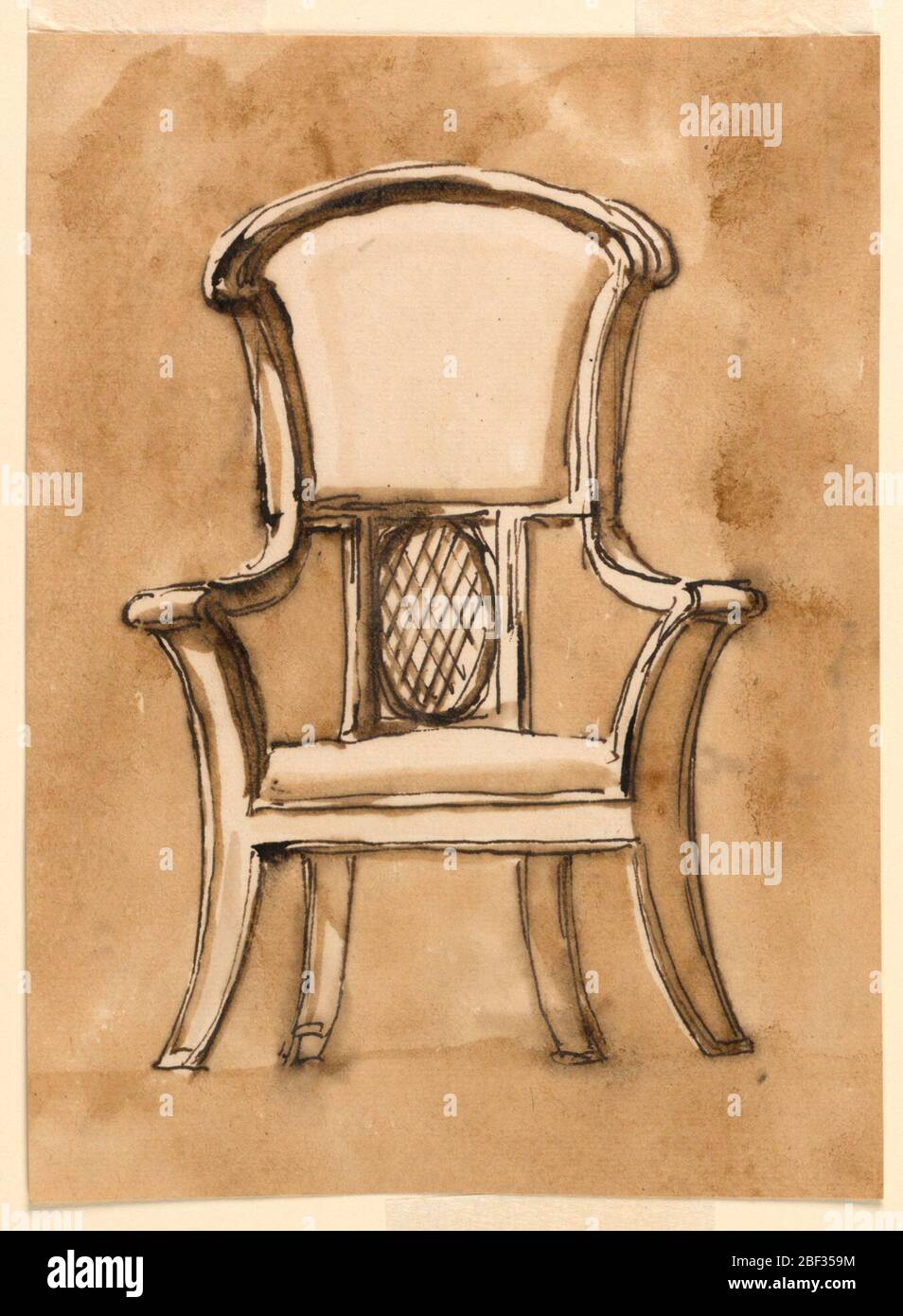 Armchair. Frontal view of a chair. The arms and legs are slightly ...
