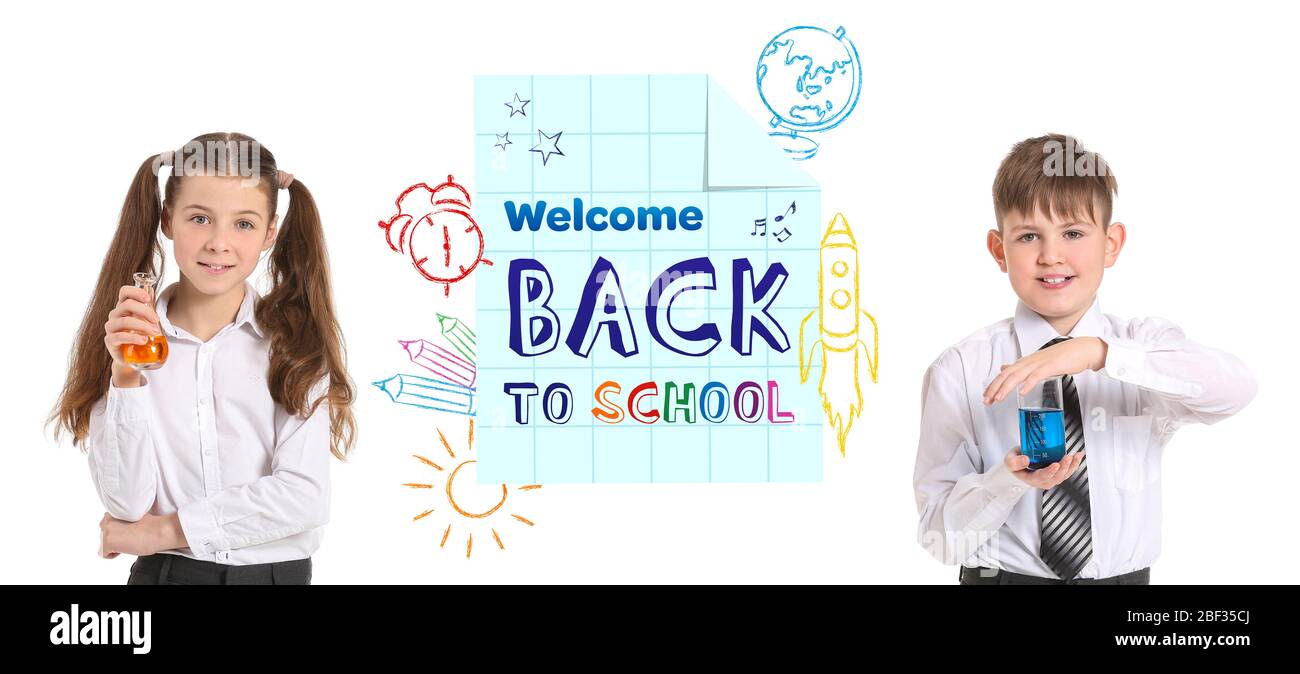 Little children with laboratory glassware and text WELCOME BACK TO ...