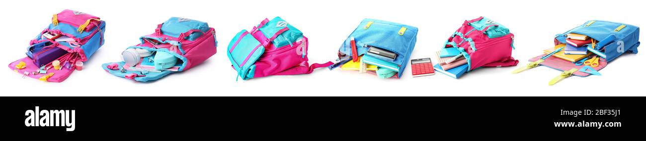 Many school backpacks on white background Stock Photo - Alamy