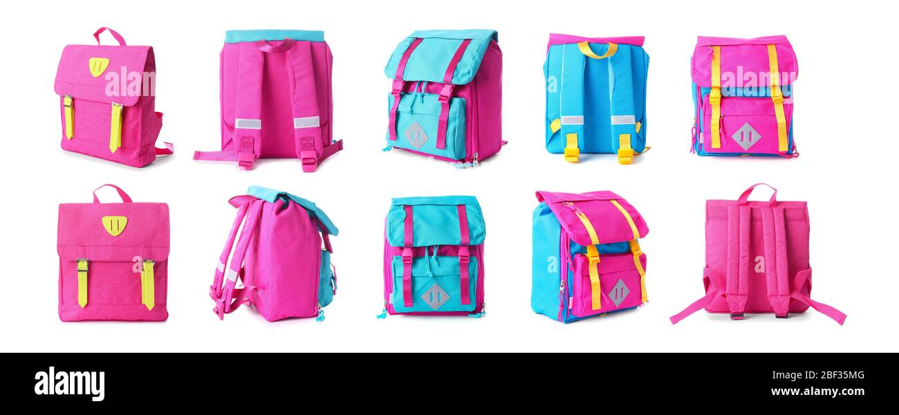 Many school backpacks on white background Stock Photo - Alamy