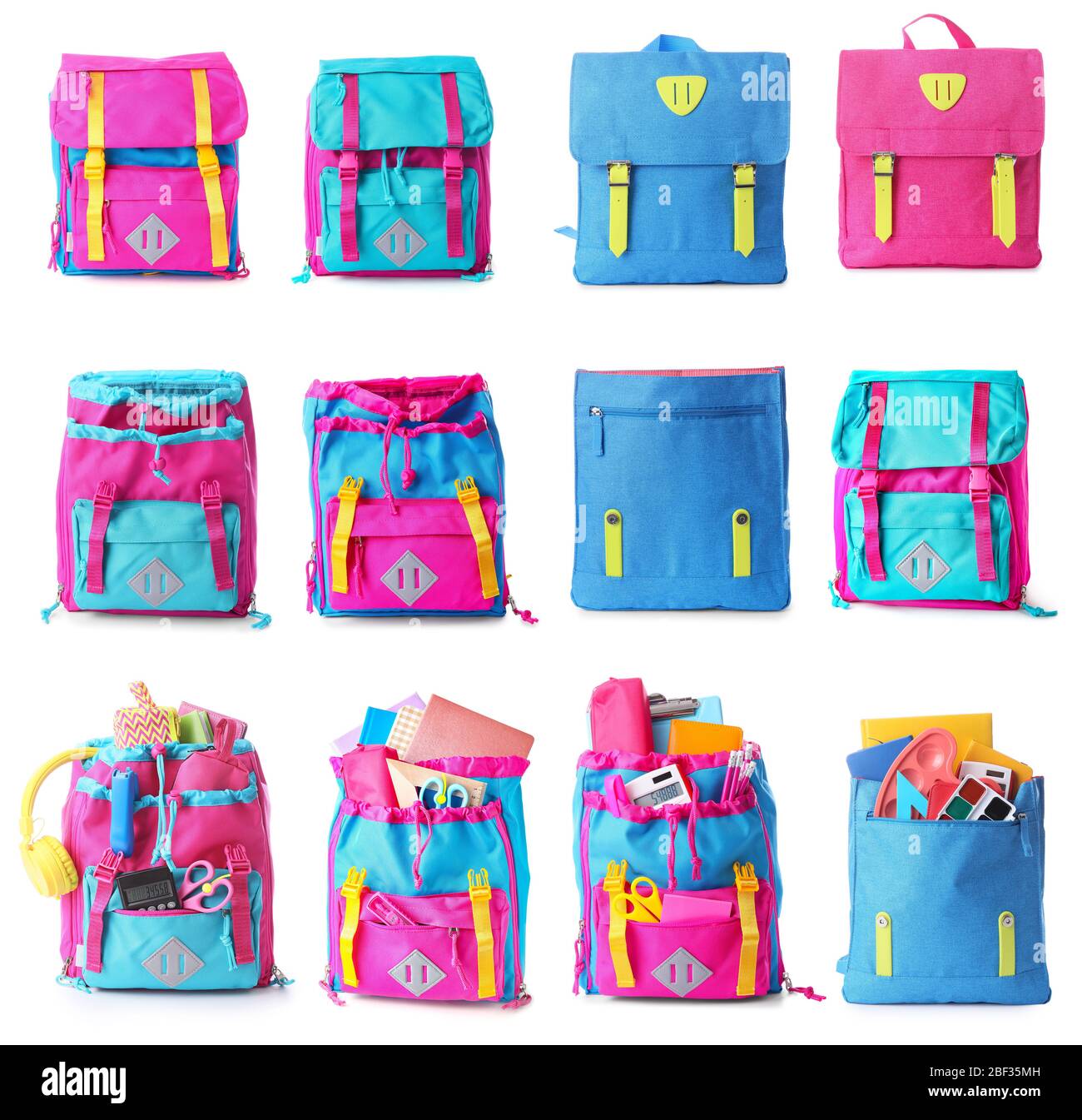 Many school backpacks on white background Stock Photo - Alamy