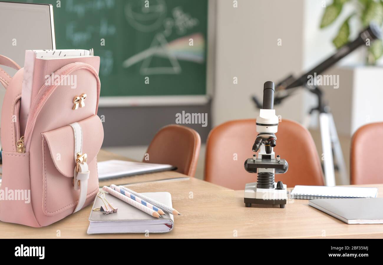 Backpack with school supplies on table in classroom Stock Photo - Alamy