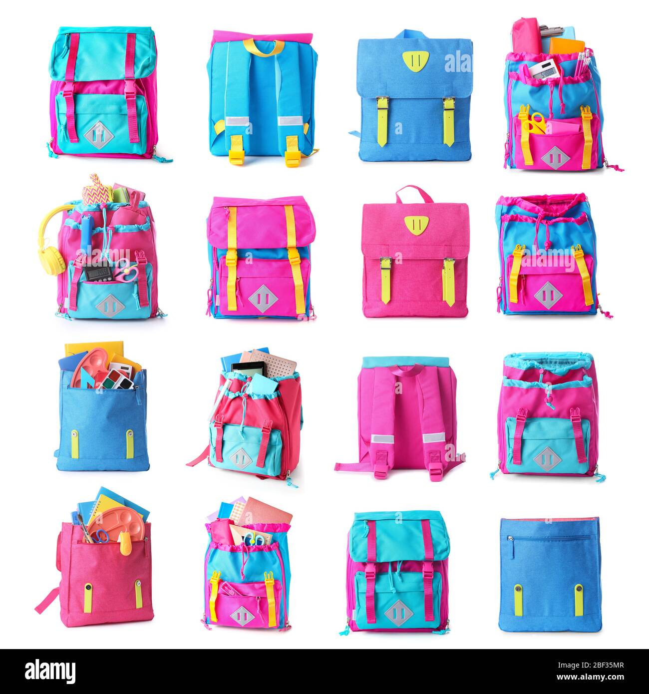 Many school backpacks on white background Stock Photo - Alamy