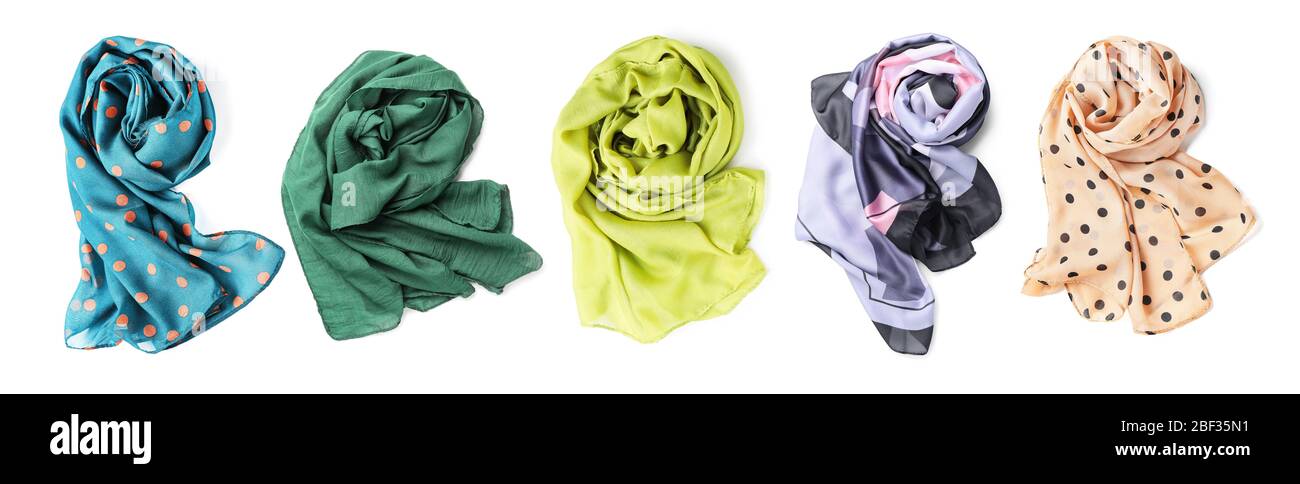 Different beautiful scarves on white background Stock Photo - Alamy