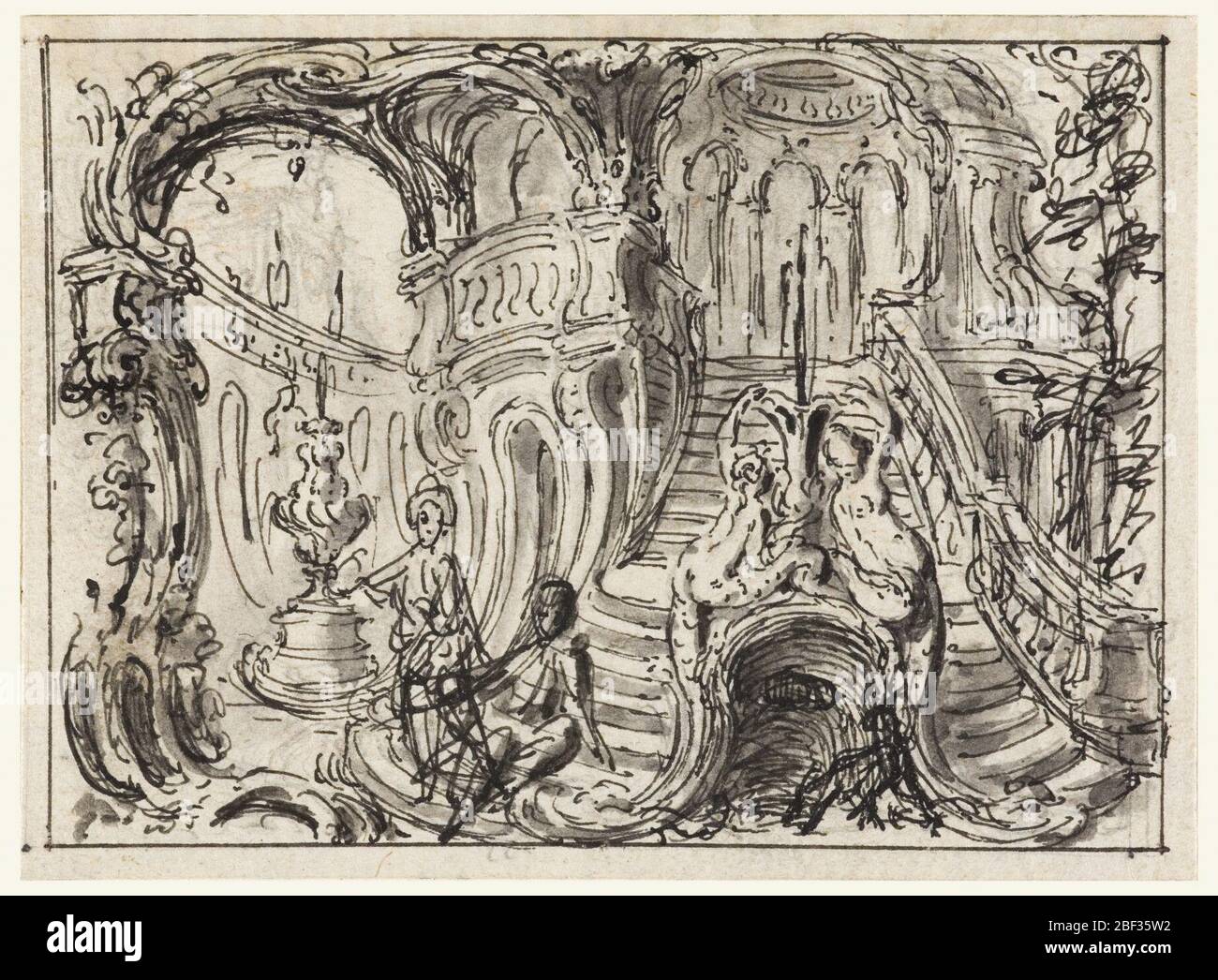 Design for a PatchBox. Rocaille architectural frame (with four figures ...