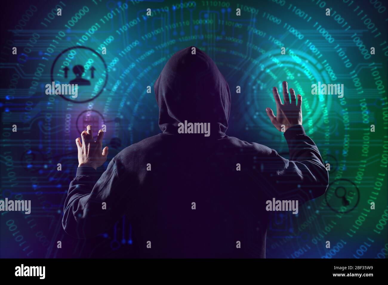 Professional hacker using virtual screen on dark background Stock Photo ...